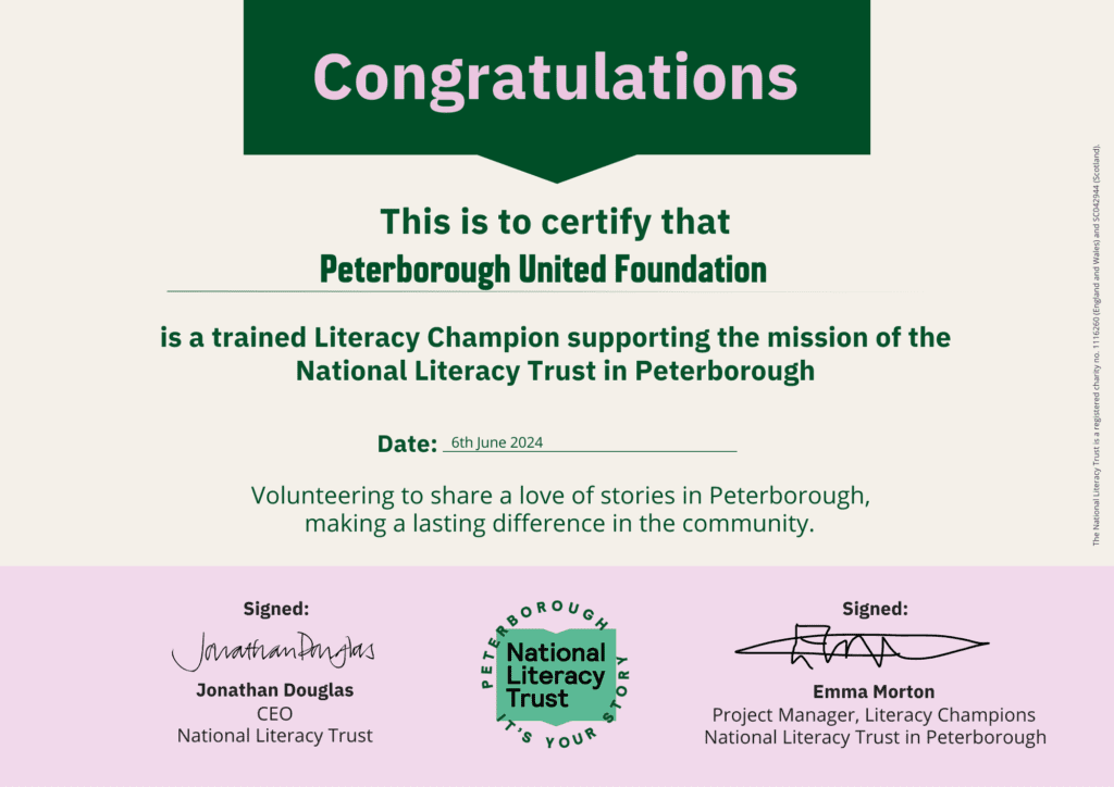 Peterborough United Foundation Awarded Literacy Champion Certificate ...